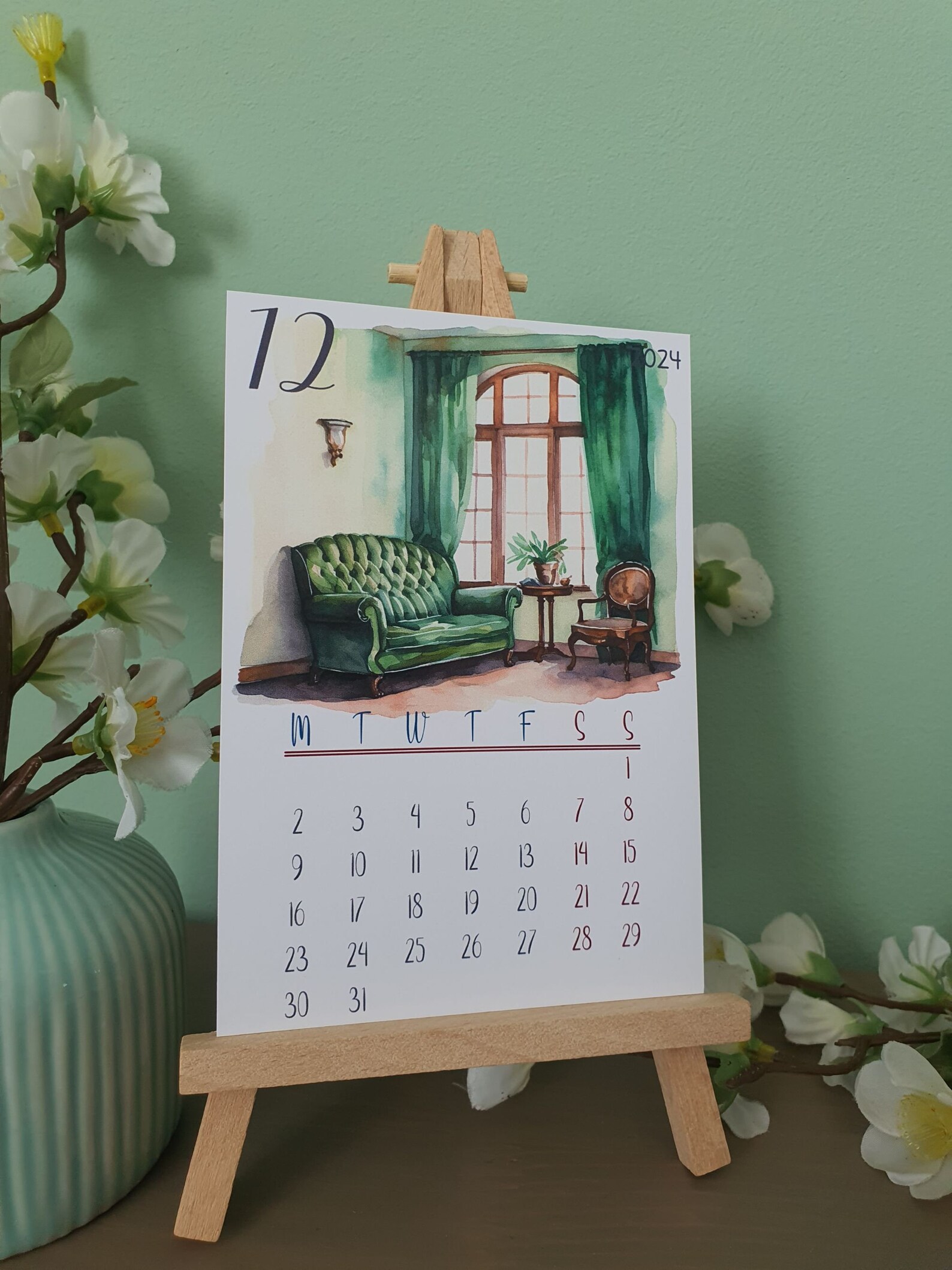 2024 Mini Desk Calendar, Interiors, A6 Calendar, With Easel, Birthday ...