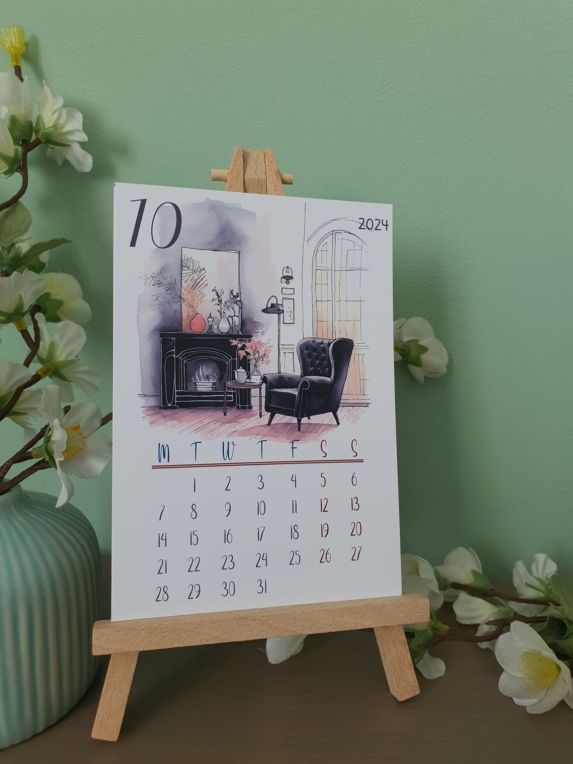 2024 Mini Desk Calendar, Interiors, A6 Calendar, With Easel, Birthday ...