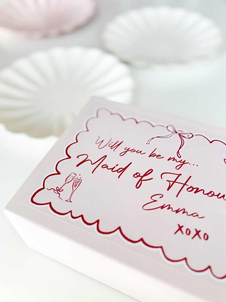 Bride to Be Gift Box | WHIMSICAL SCALLOPED EDGE | Pink Red Handdrawn ...