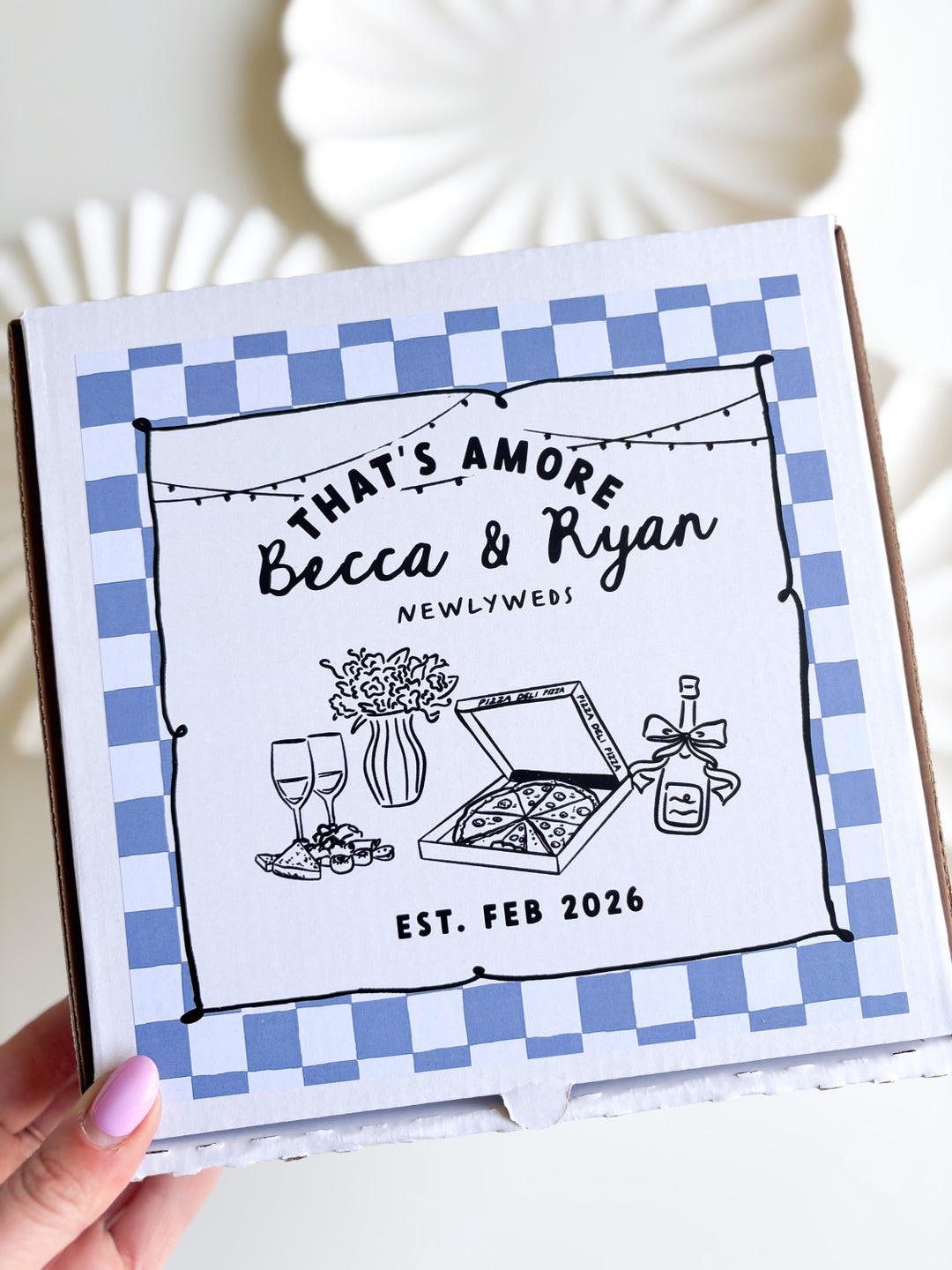 Personalised Wedding PIZZA Box | BLUE CHECKERBOARD | Takeaway Buffet ...
