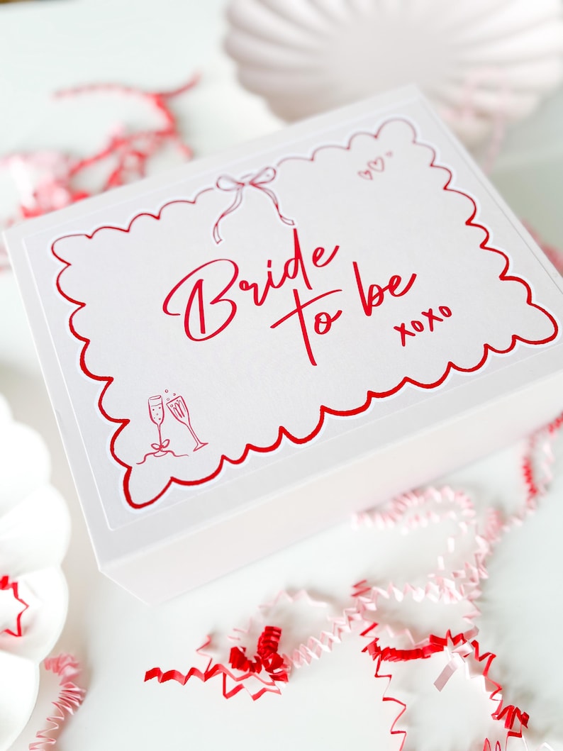 Bride to Be Gift Box | WHIMSICAL SCALLOPED EDGE | Pink Red Handdrawn ...