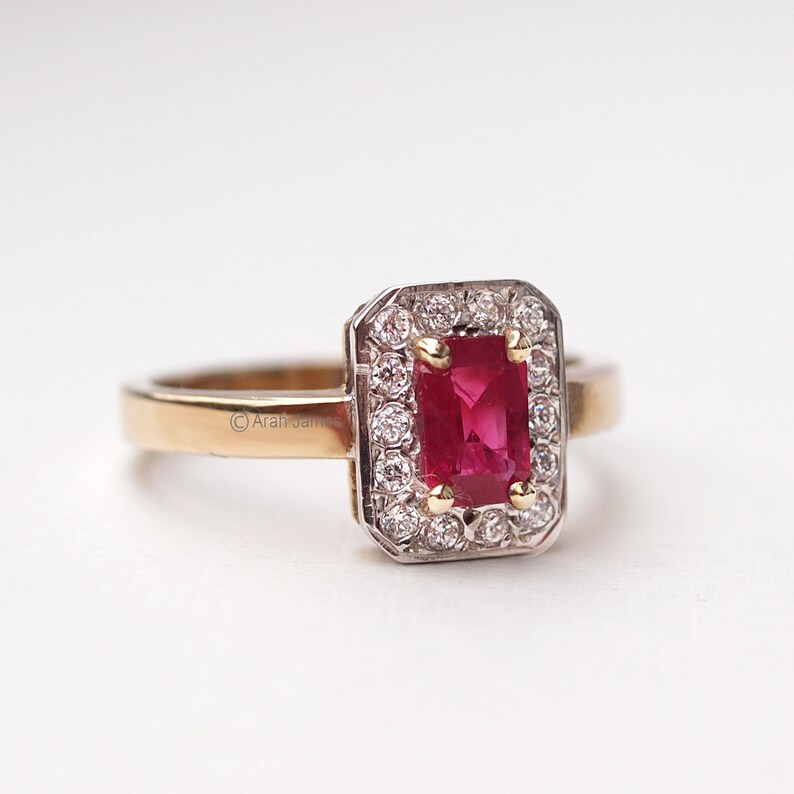 JOLENE - Vintage Ruby Diamond Halo Ring in Rose Gold, Yellow Gold ...
