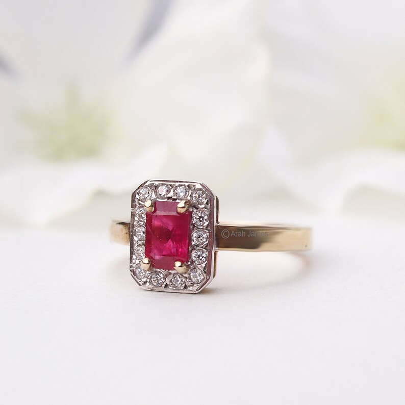 JOLENE - Vintage Ruby Diamond Halo Ring in Rose Gold, Yellow Gold ...