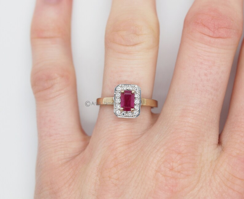 JOLENE - Vintage Ruby Diamond Halo Ring in Rose Gold, Yellow Gold ...