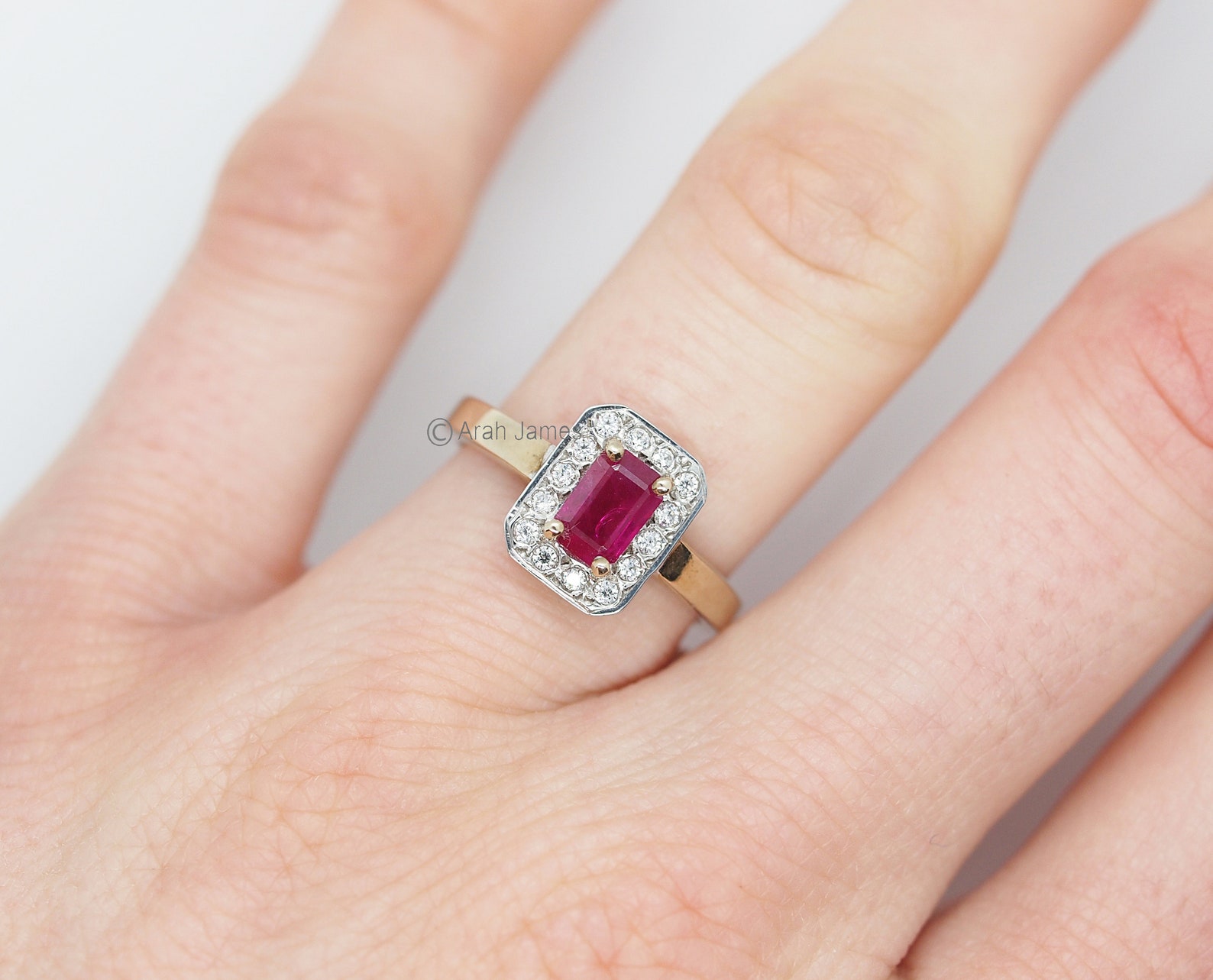 JOLENE - Vintage Ruby Diamond Halo Ring in Rose Gold, Yellow Gold ...