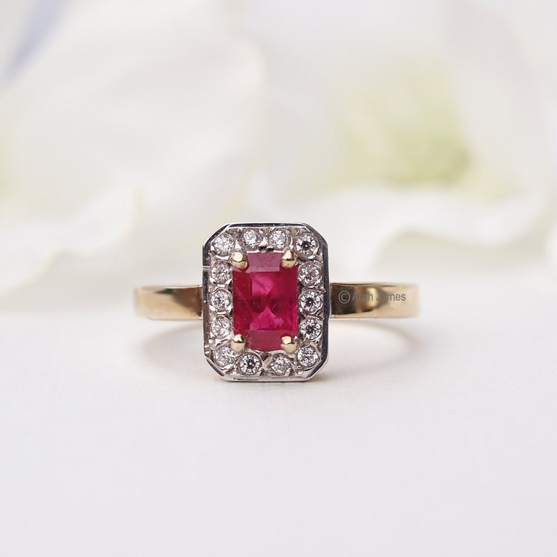 JOLENE - Vintage Ruby Diamond Halo Ring in Rose Gold, Yellow Gold ...