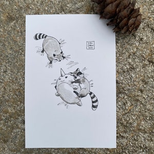 Cuddly Raccoons Original Pen and Ink Illustration for - Etsy