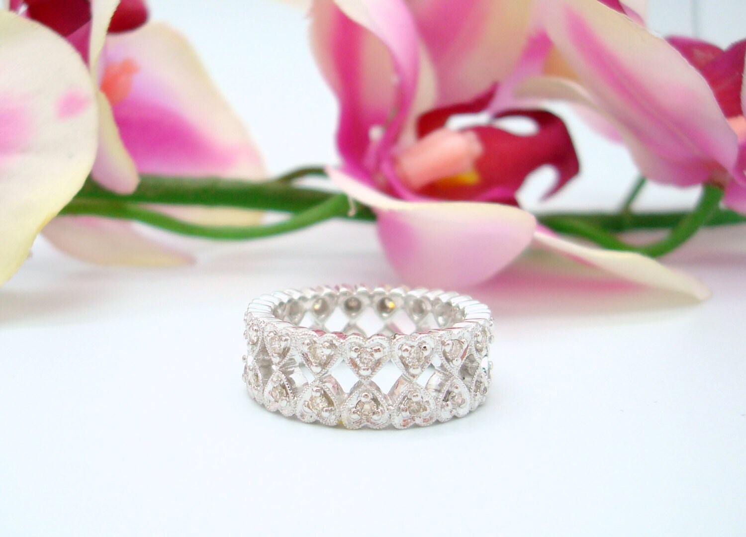 0.80CTW Wide Eternity Heart Right Hand Anniversary Diamond Ring in 14K ...