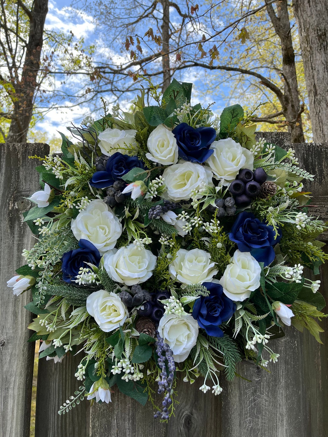 Blueberry Wreath, Navy Blue Roses, White Roses, Pine Cone Greenery ...