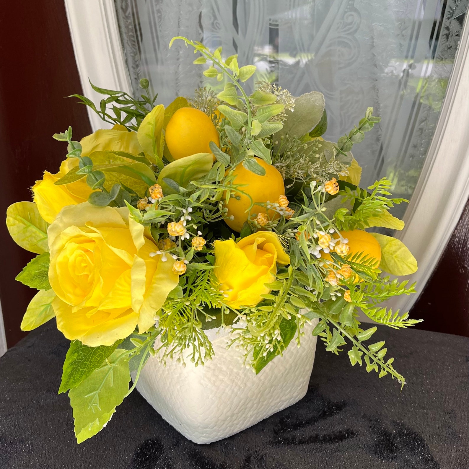 Lemon Floral Bouquet Arrangement Kitchen Tabletop Counter Yellow Roses ...