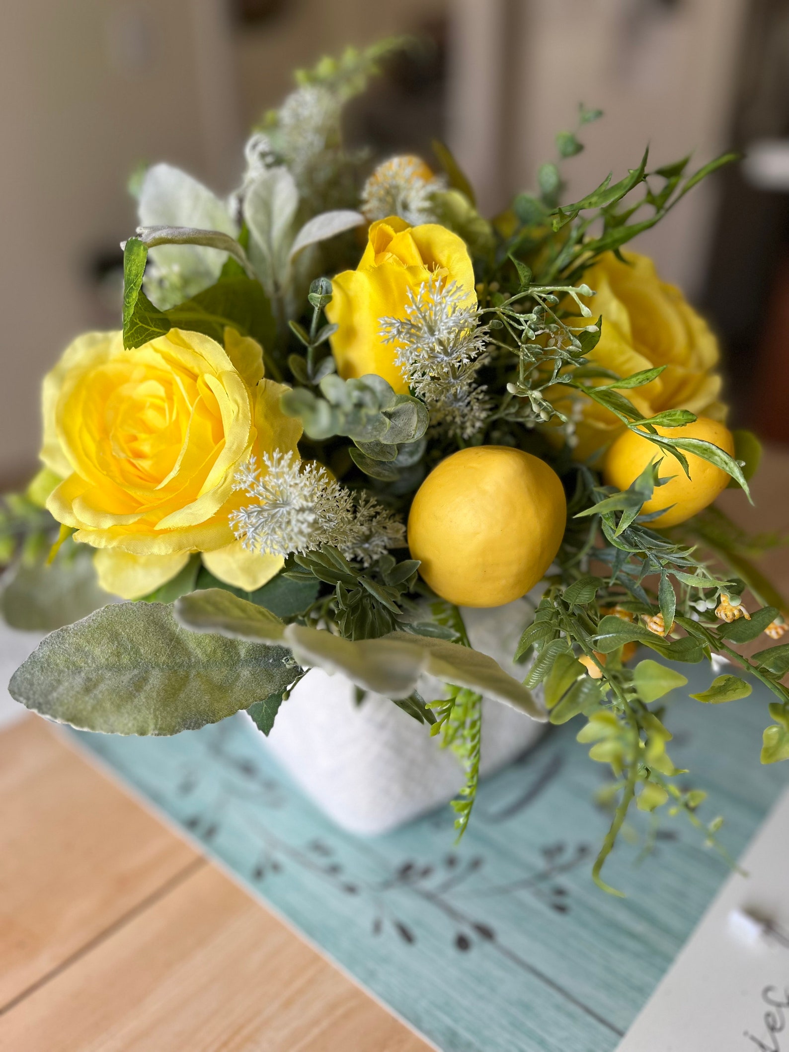 Lemon Floral Bouquet Arrangement Kitchen Tabletop Counter Yellow Roses ...