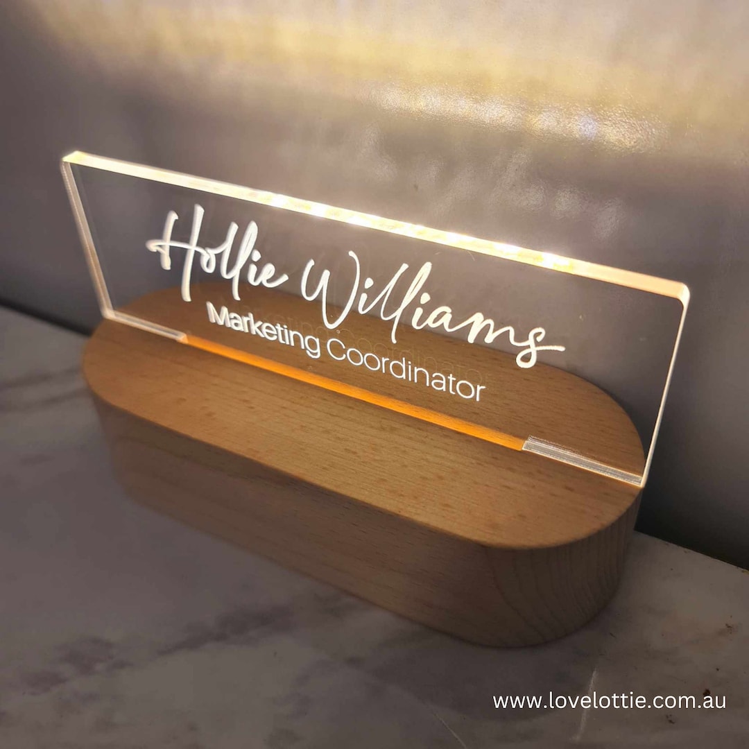 Personalized Desk Name Plate With Wooden Base, Lighted Acrylic ...