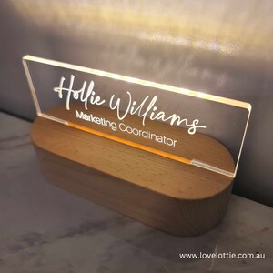 Personalized Desk Name Plate With Wooden Base, Lighted Acrylic ...