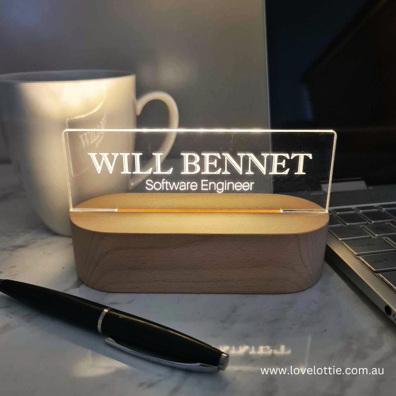 Personalized Desk Name Plate With Wooden Base, Lighted Acrylic ...
