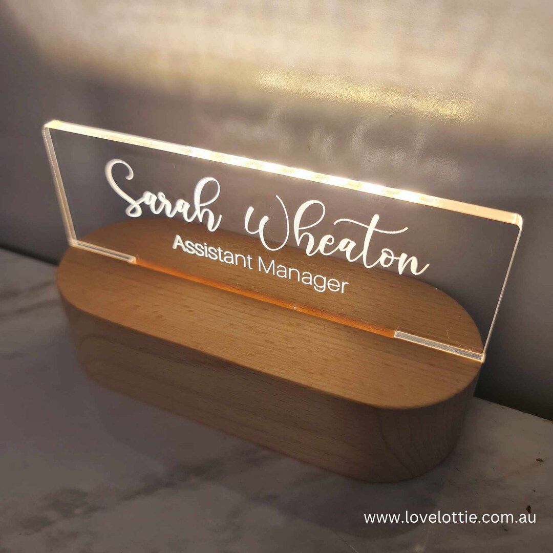 Personalized Desk Name Plate With Wooden Base, Lighted Acrylic ...
