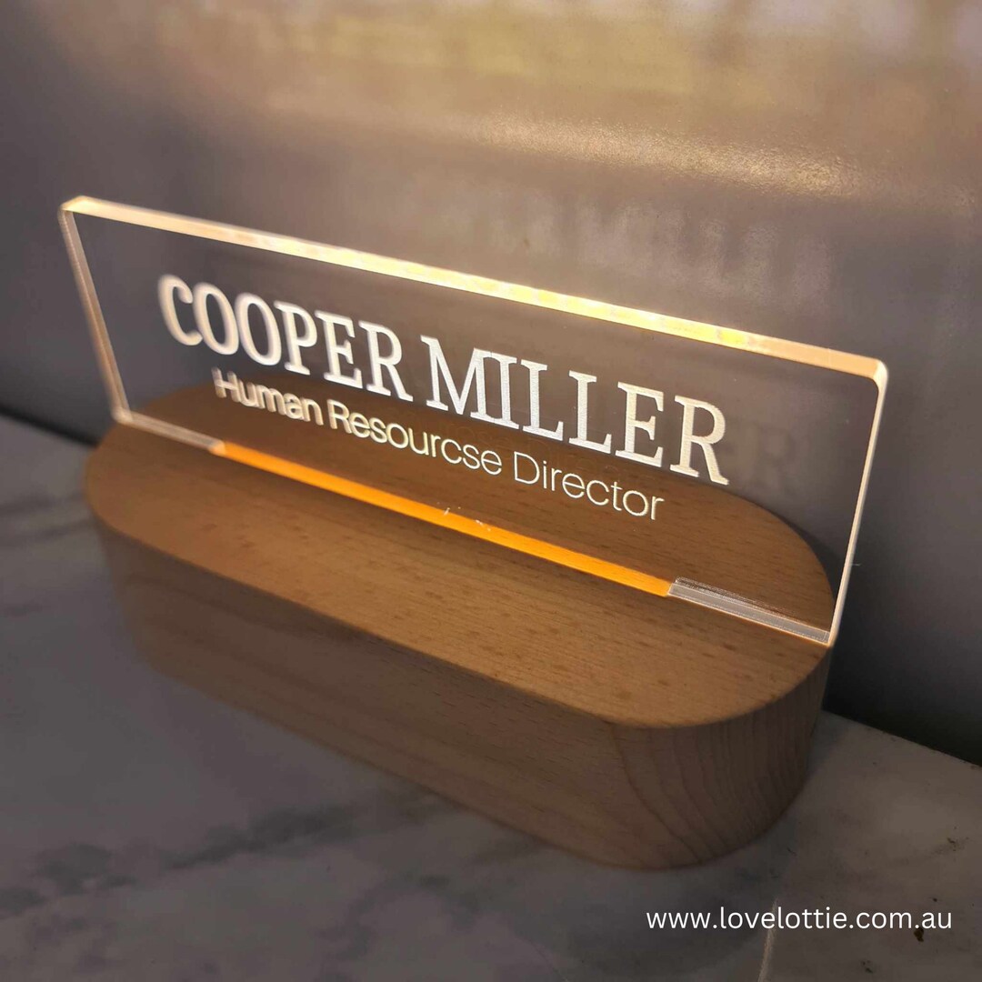 Personalized Desk Name Plate With Wooden Base, Lighted Acrylic ...