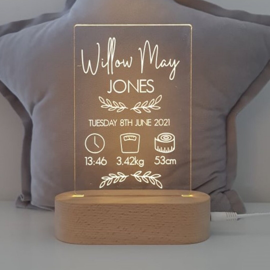 Personalised Name Children's Night Light - Newborn Baby Birth Details ...