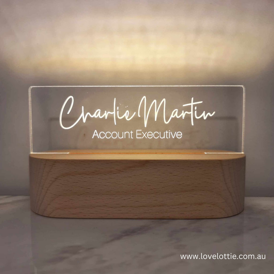 Personalized Desk Name Plate With Wooden Base, Lighted Acrylic ...