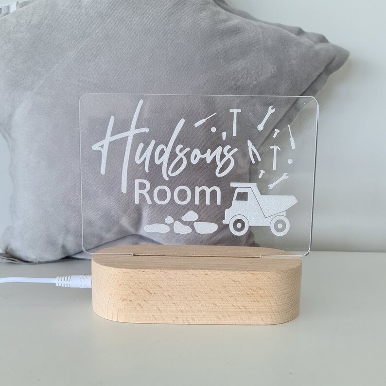 Personalised Name Children's Night Light Trucks Construction Tools ...