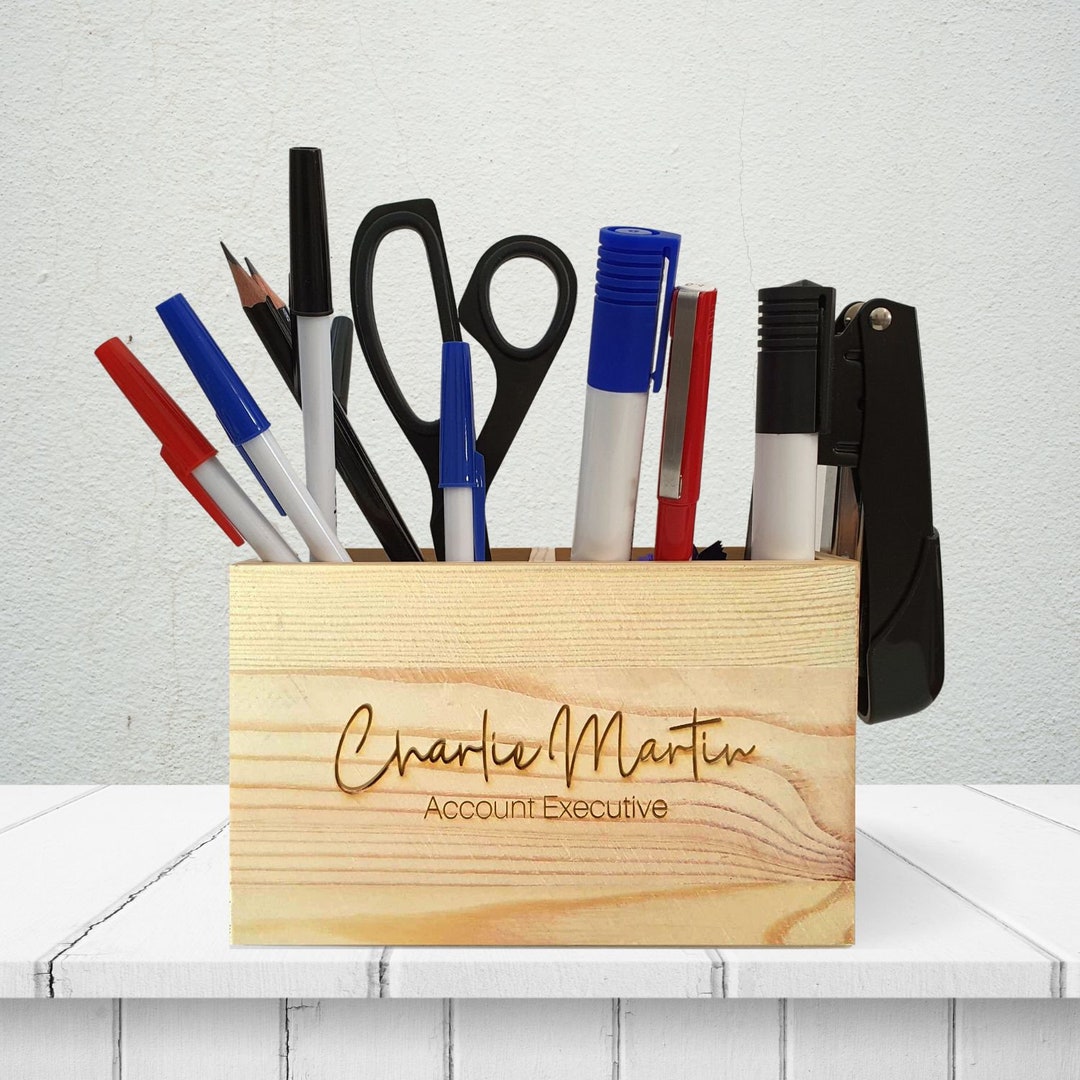 Wood Logo Desk Organiser. Unique Name Plate for Desk With Pen Holder ...