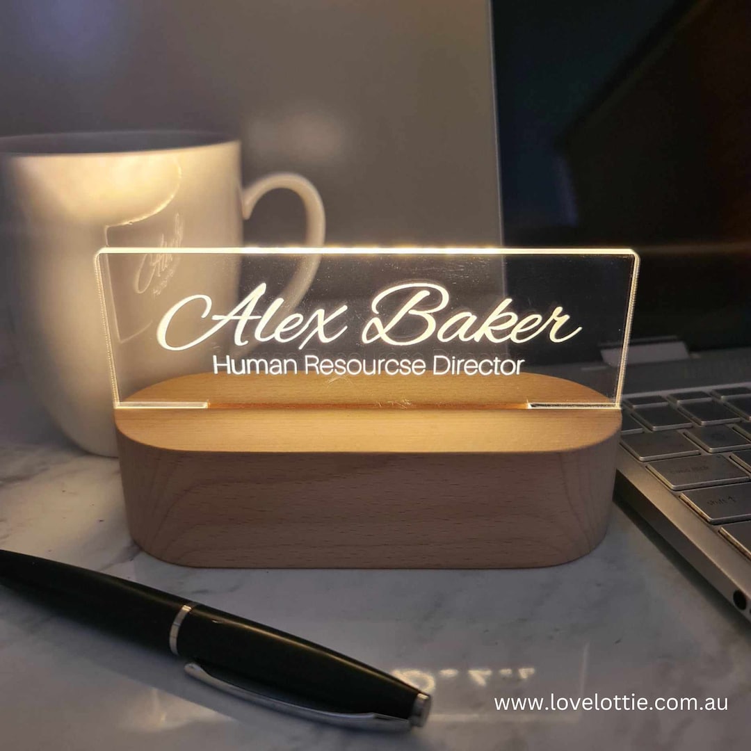 Personalized Desk Name Plate With Wooden Base, Lighted Acrylic ...