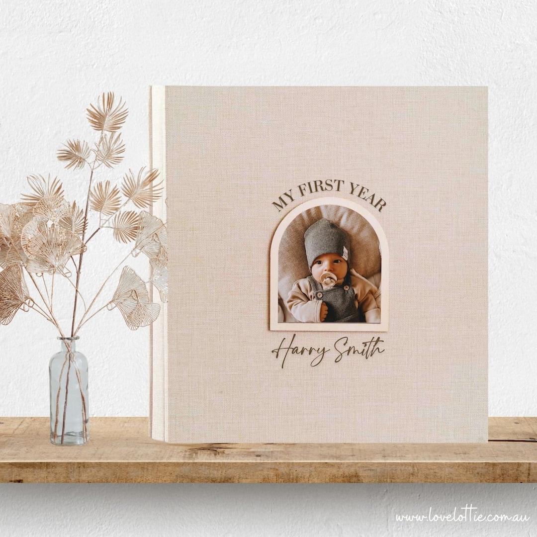 First Year Baby Boy Memory Book, Personalised Linen Baby Girl Photo ...