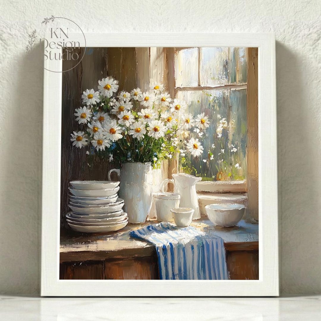 Rustic Farmhouse Still Life - Cottagecore White Dishes & Daisies ...