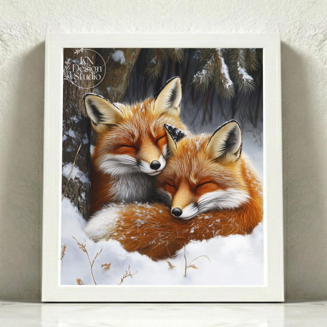 Printable Two Red Foxes Winter Art, Cozy Woodland Wildlife, Rustic ...