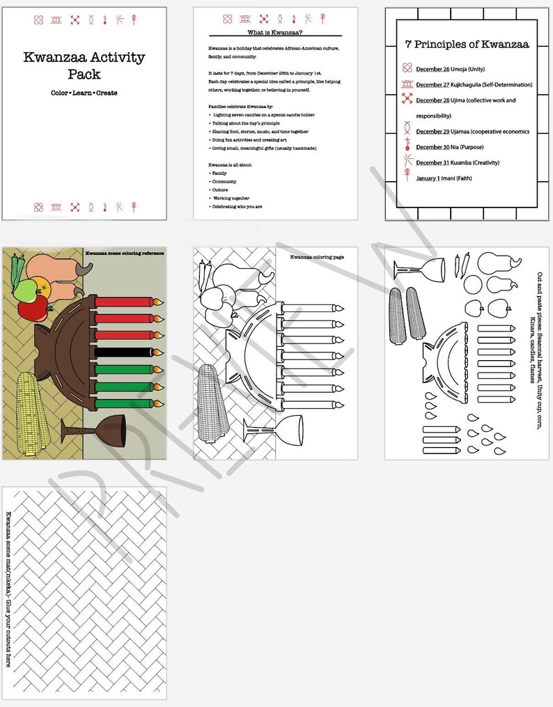 Kwanzaa Kids Activity Pack | Coloring Page, Cut and Paste, Principles ...