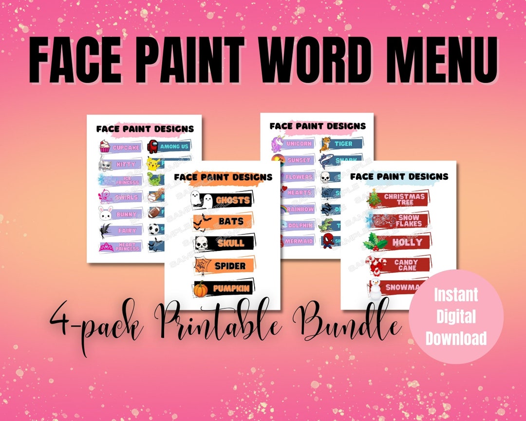 Face Painting Word Menu Board, 28 Designs PDF Digital Download, Design ...