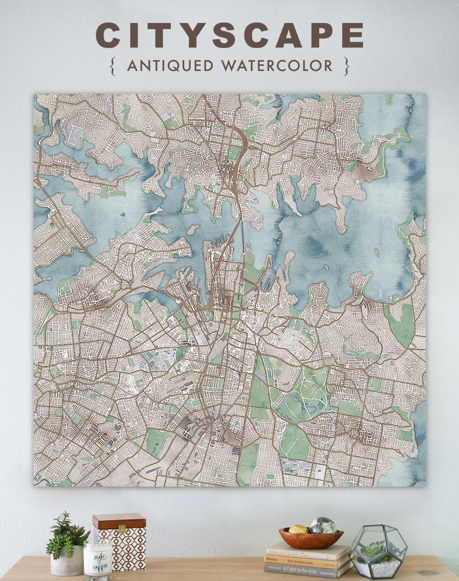 Sydney Map Poster Large Canvas City Map Watercolor Map Art - Etsy