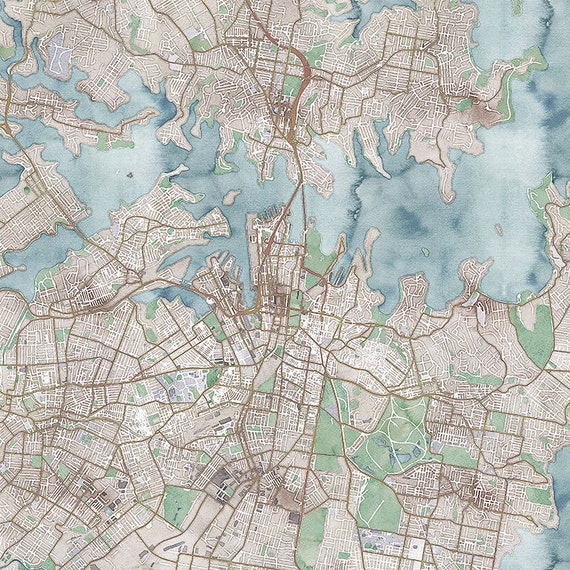 Sydney Map Poster Large Canvas City Map Watercolor Map Art - Etsy
