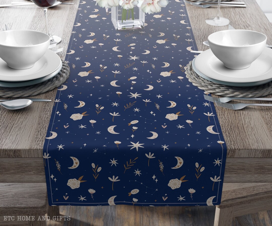 Boho Celestial Table Runner – Midnight Blue Stars, Moons & Flowers - Etsy