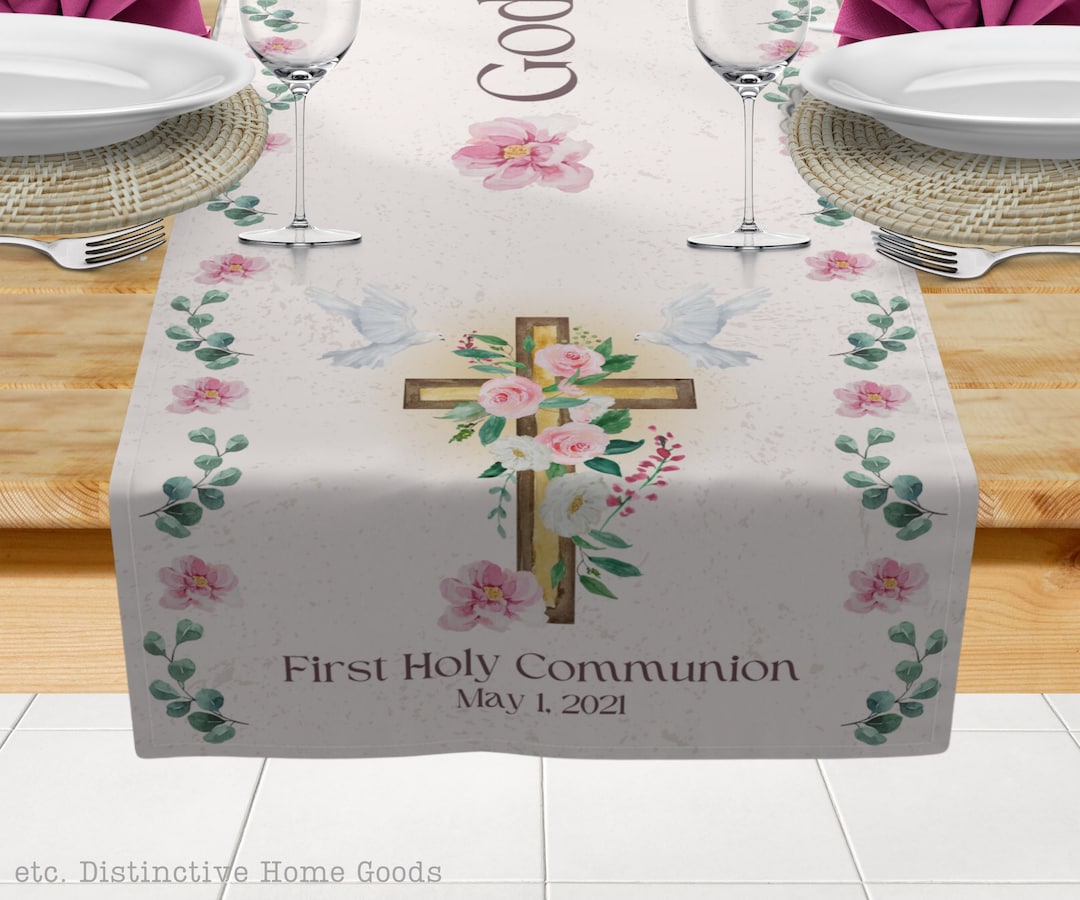 Personalized First Communion Catholic Table Runner Wooden Cross and ...