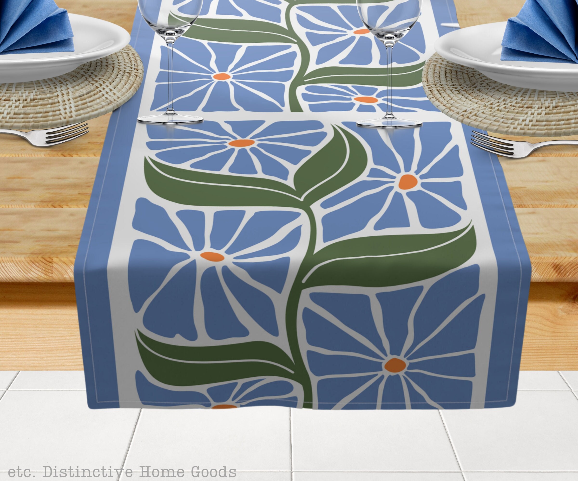 Custom Table Runner Block Print Style Blue Floral Modern - Etsy