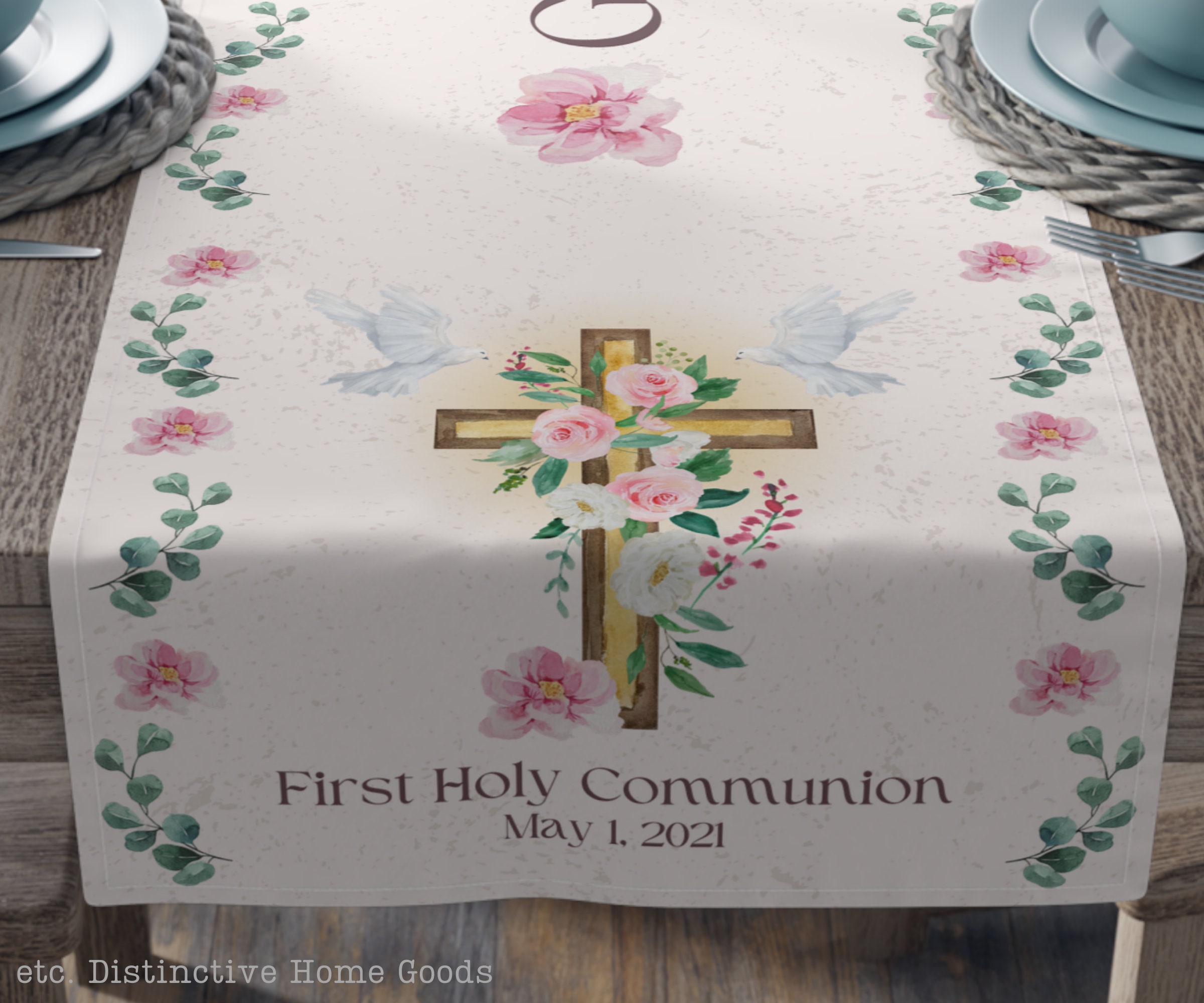 Personalized First Communion Catholic Table Runner Wooden Cross and ...