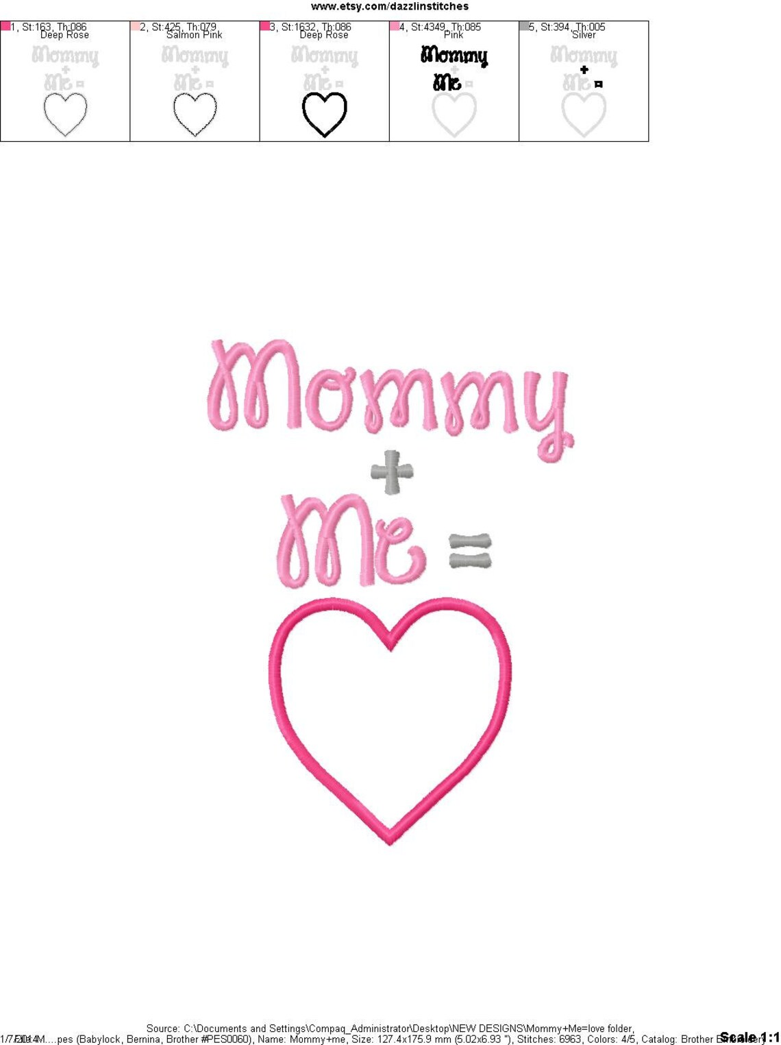 Valentine's Day Appliqued Heart Mommy + Me = Love Heart Embroidery ...
