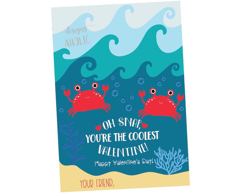 Sea Creature Valentines Day Cards - Crab Valentines - Turtle Valentines ...
