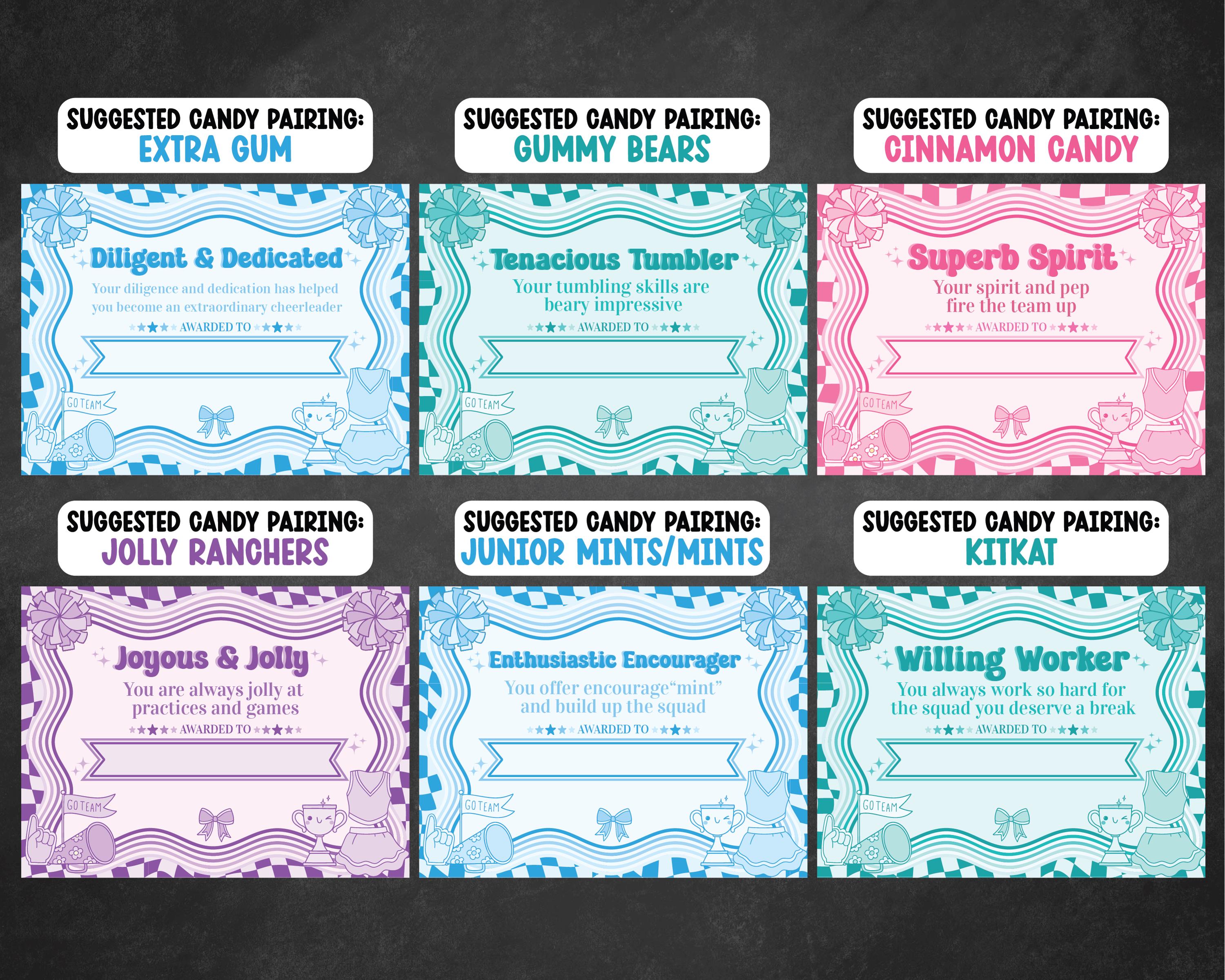 36 Cheer Team Candy Bar Award Certificates - Cheerleader Candy Bar ...