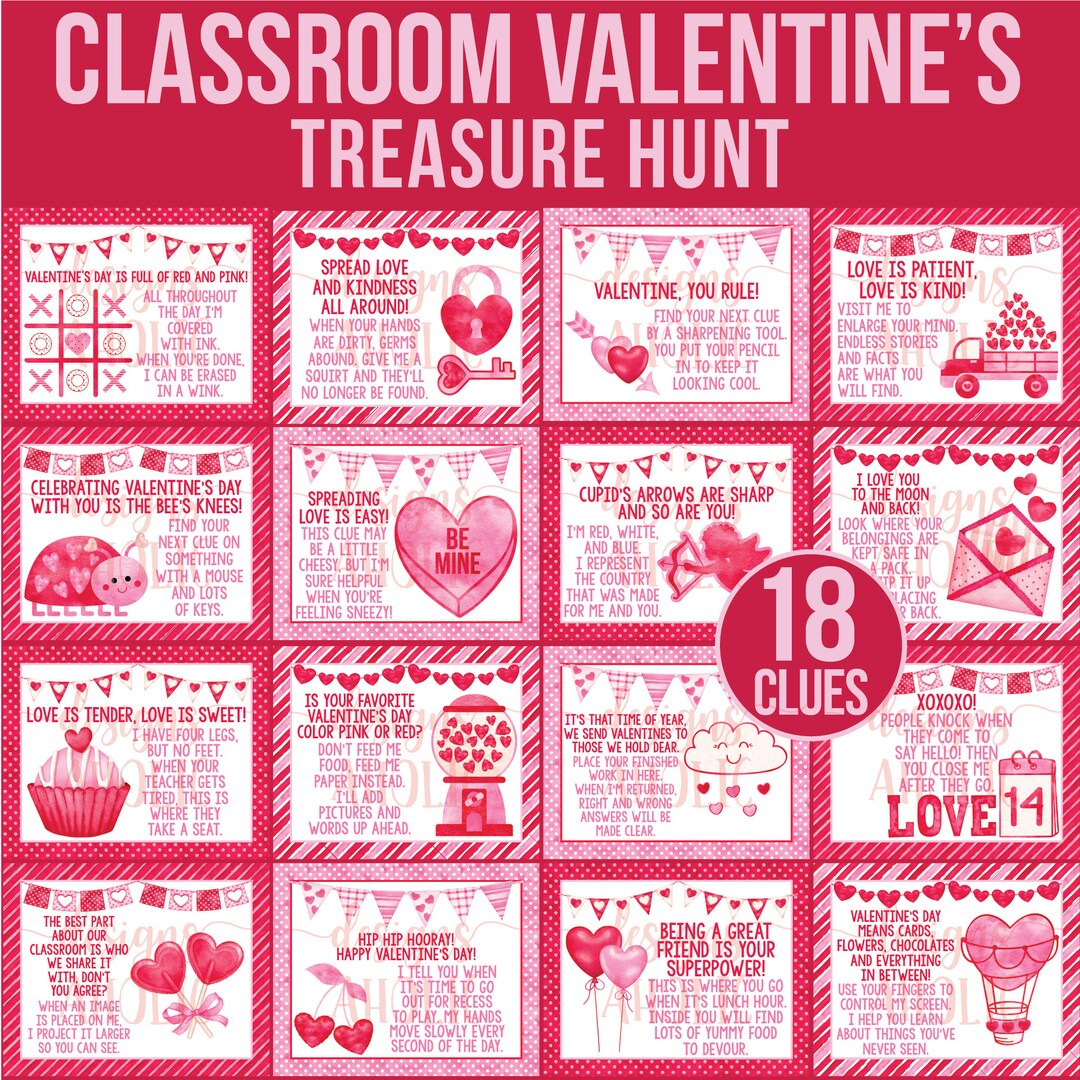 Classroom Valentine's Day Treasure Hunt Classroom Valentines Scavenger ...