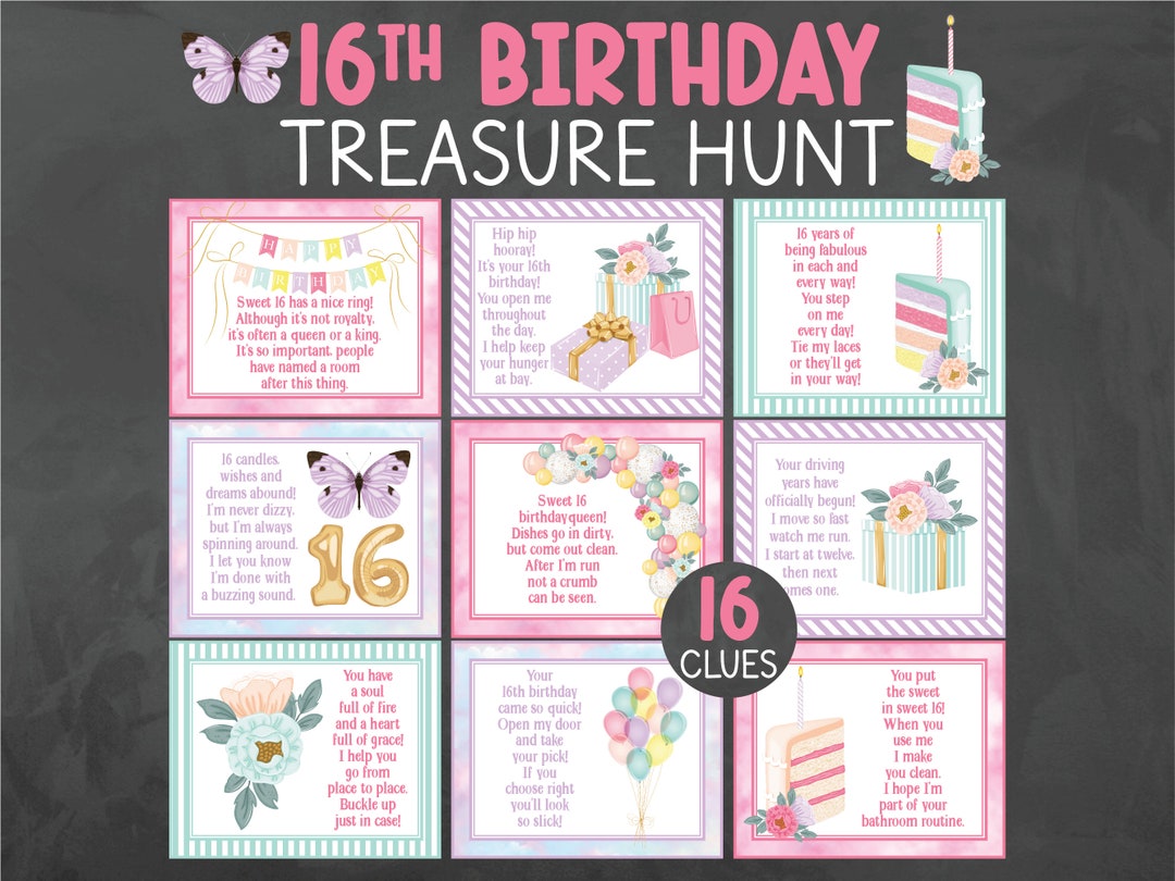 Sweet 16 Birthday Treasure Hunt Clues - Sweet 16th Birthday Scavenger ...