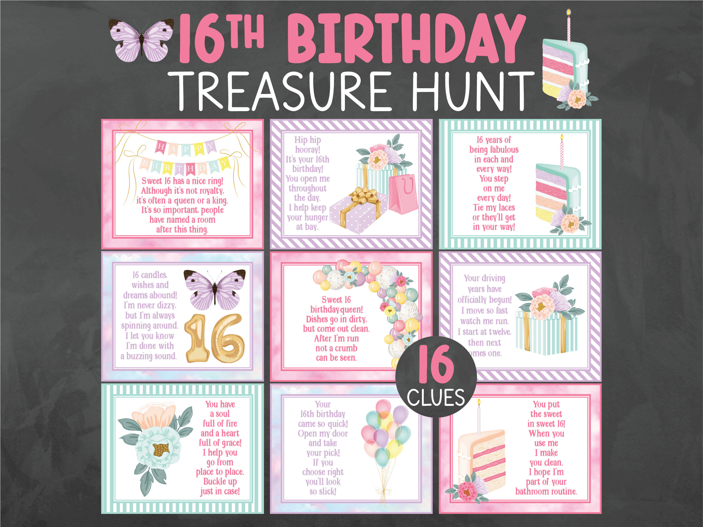 Sweet 16 Birthday Treasure Hunt Clues - Sweet 16th Birthday Scavenger ...