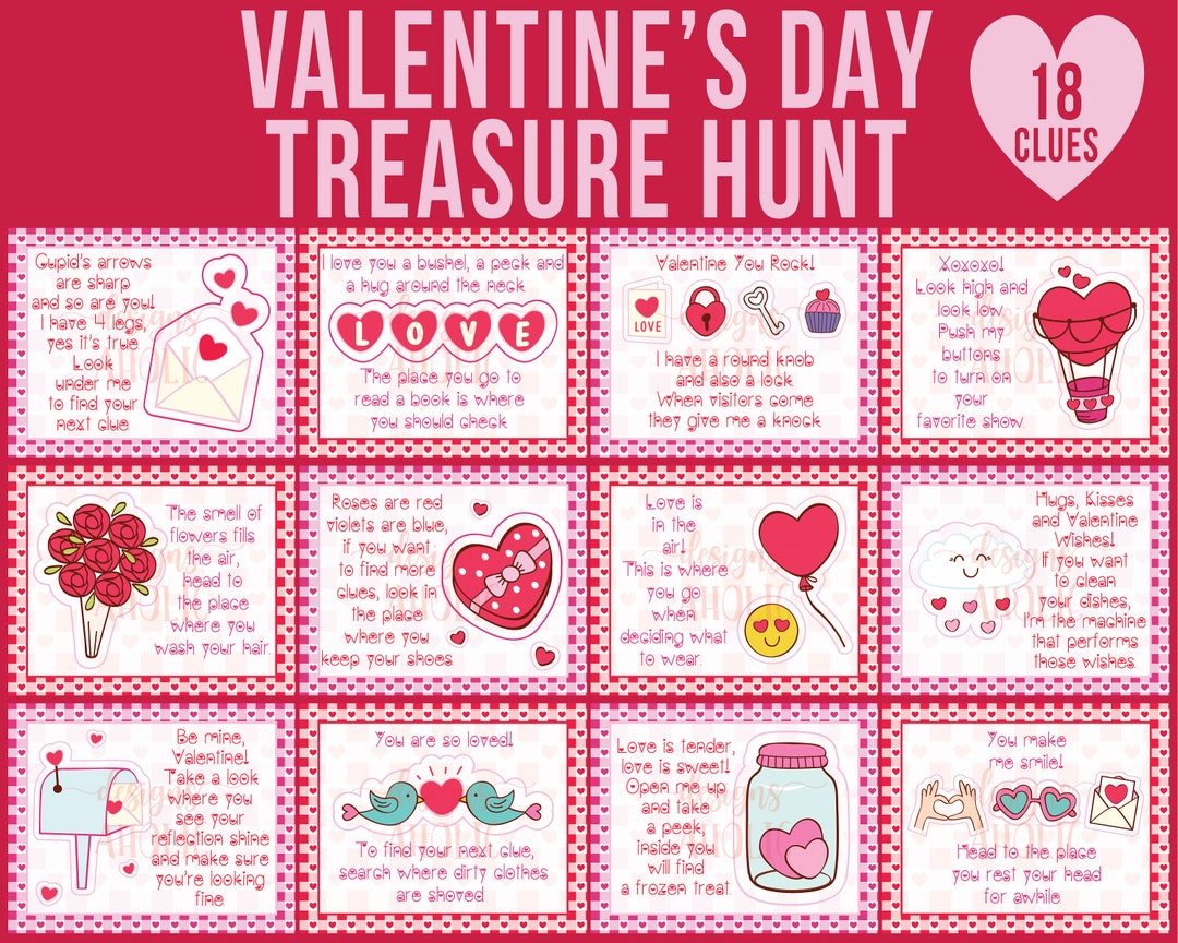 Valentine's Day Treasure Hunt Clues Valentines Scavenger Hunt Clues ...