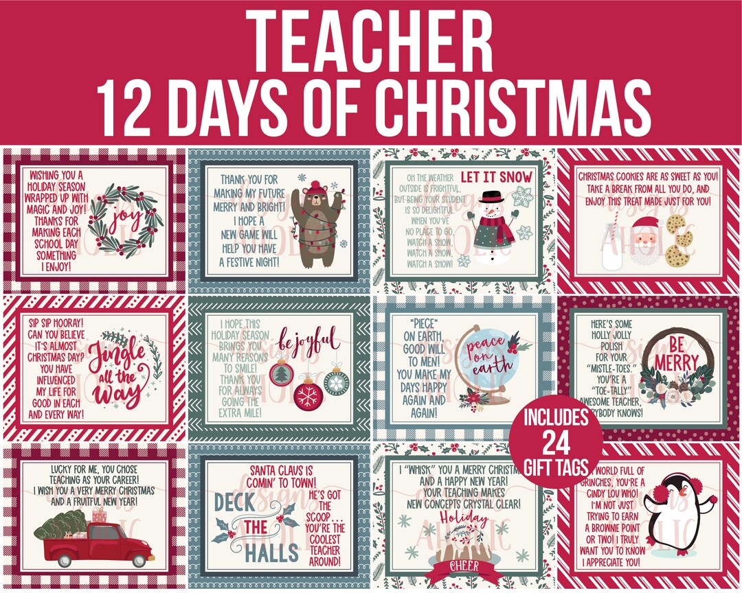12 Days of Christmas Teacher Gift Tags Teacher 12 Days of Christmas ...