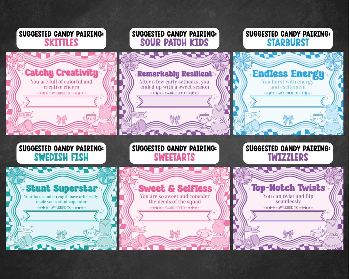 36 Cheer Team Candy Bar Award Certificates - Cheerleader Candy Bar ...