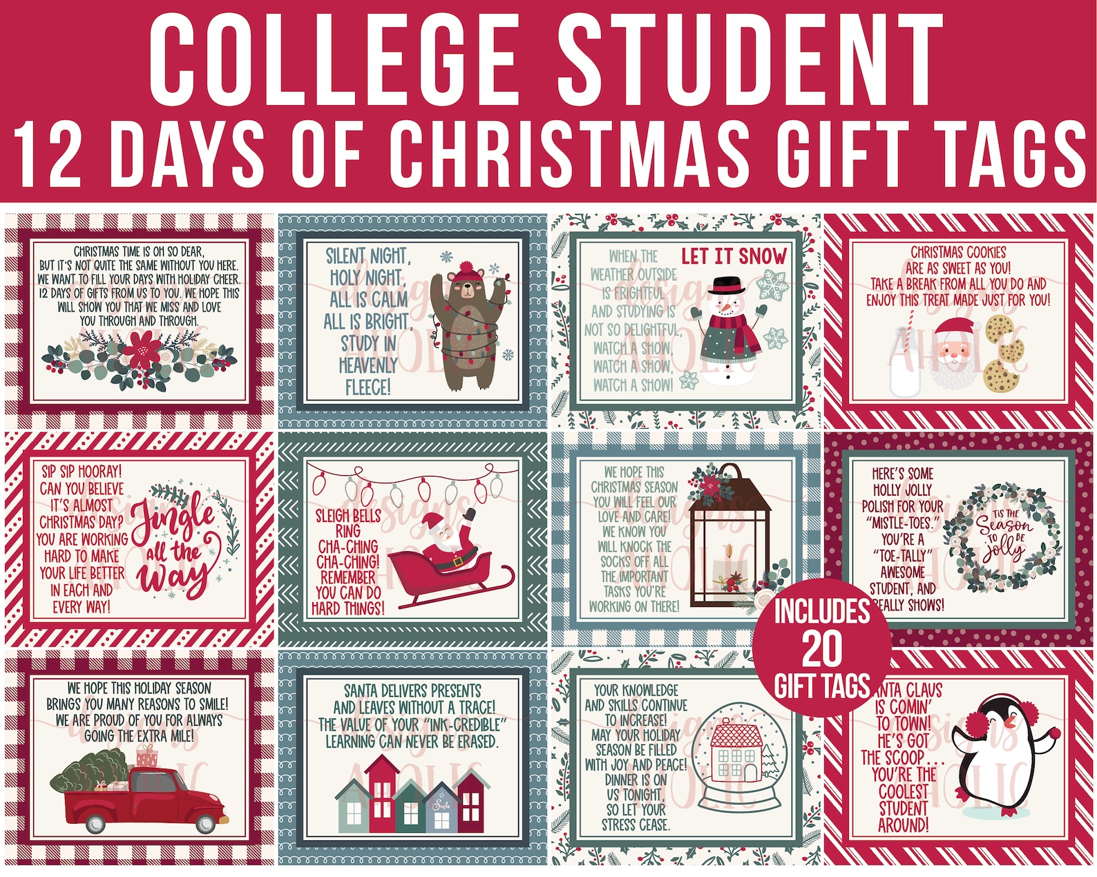 12 Days of Christmas College Student Gift Tags College - Etsy