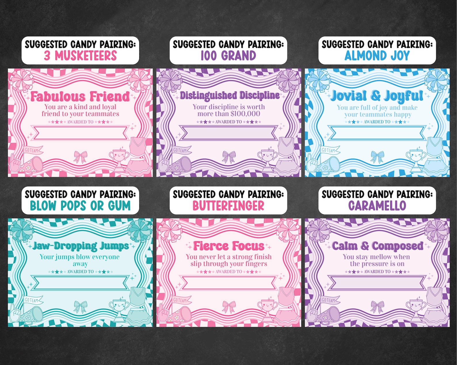 36 Cheer Team Candy Bar Award Certificates - Cheerleader Candy Bar ...
