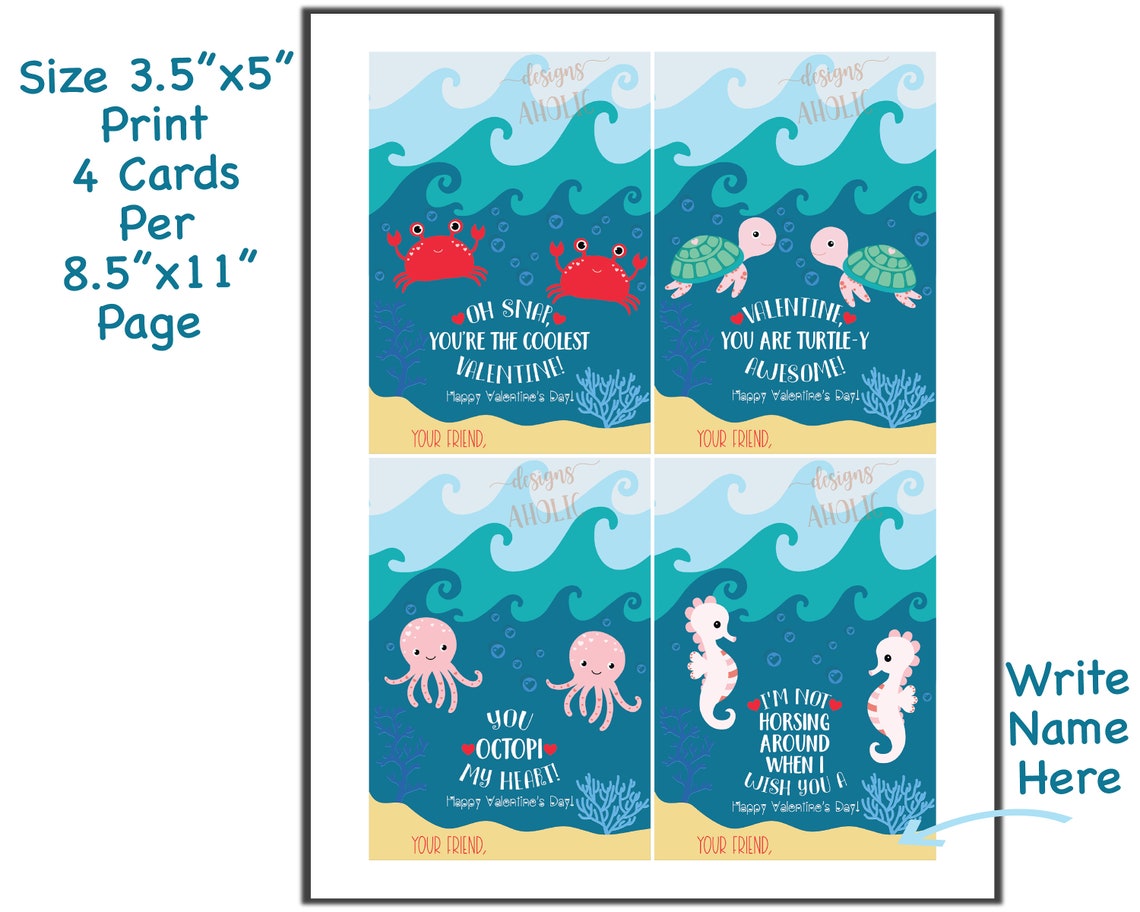 Sea Creature Valentines Day Cards Crab Valentines Turtle - Etsy