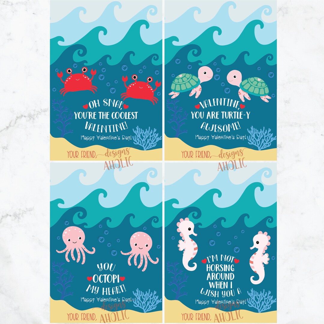 Sea Creature Valentines Day Cards - Crab Valentines - Turtle Valentines ...