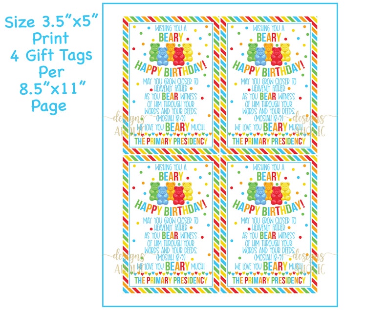Primary Birthday Gift Tag Gummy Bears - Primary Birthday Gift Printable ...